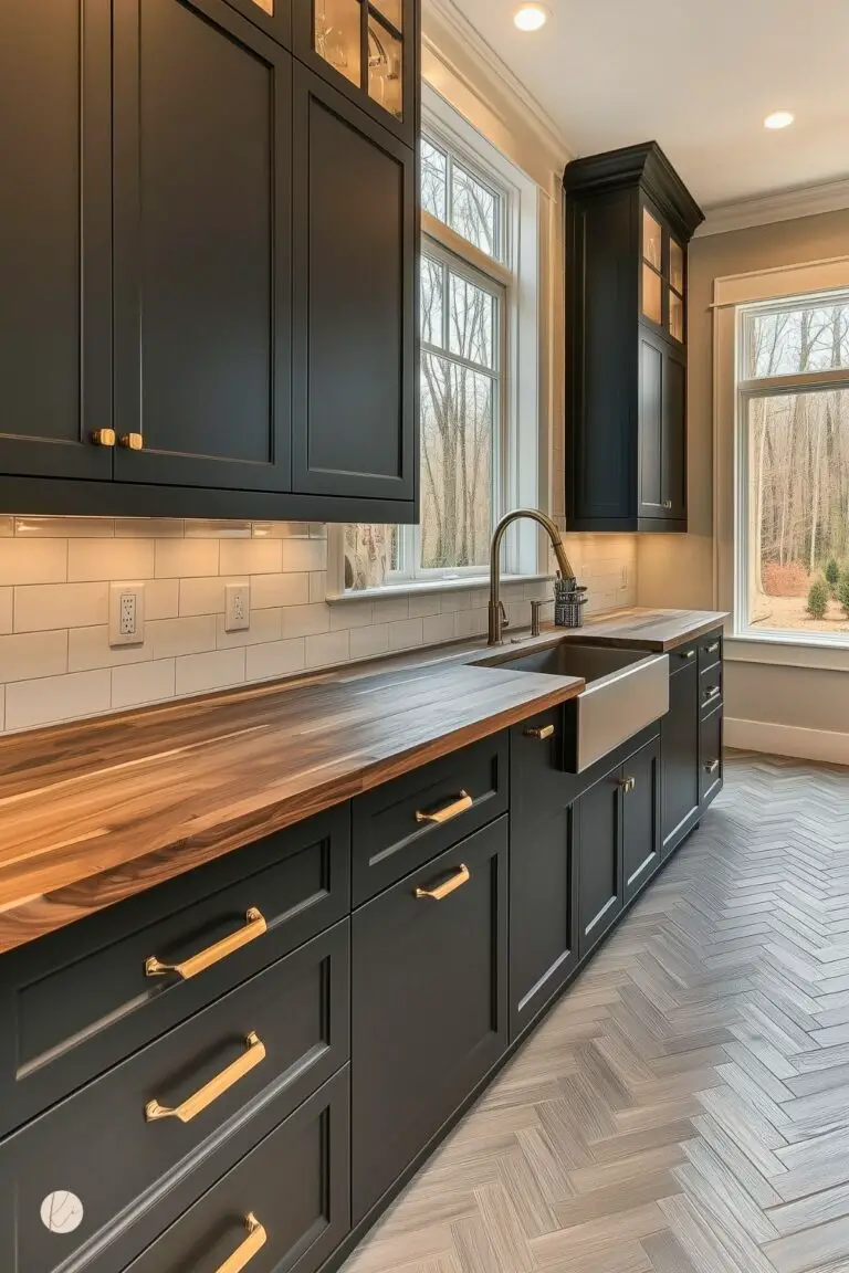 Matte black cabinets and wood countertops